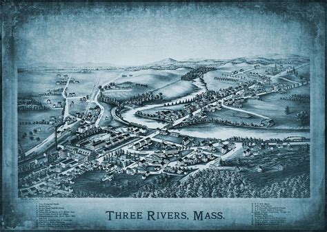 Three Rivers Massachusetts Vintage Map Birds Eye View 1893 Blue