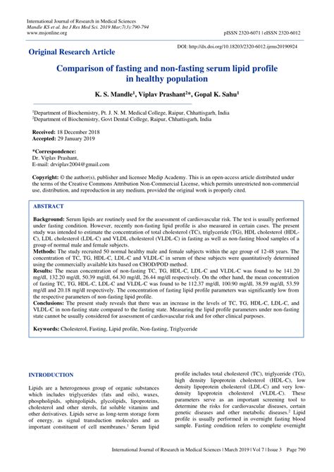 Pdf Comparison Of Fasting And Non Fasting Serum Lipid Profile In Healthy Population