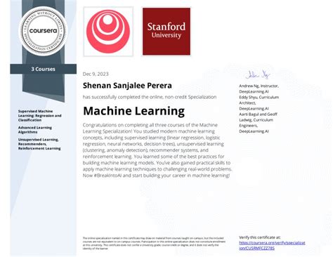 Shenan Perera On Linkedin Completed Machine Learning Specialization From Coursera