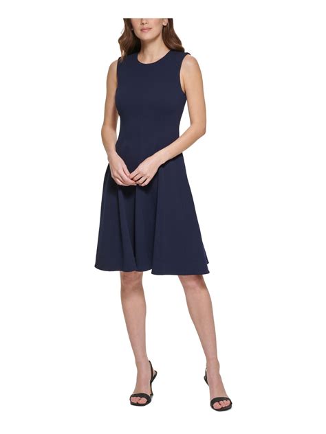 Calvin Klein Womens Navy Zippered Textured Sleeveless Jewel Neck Above