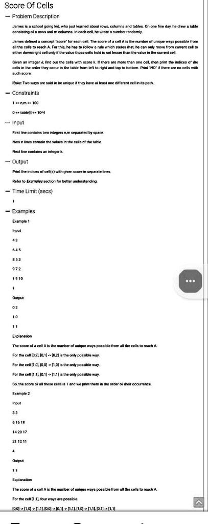 Score Of Cells Problem Description James Is A School Going Odwo Just