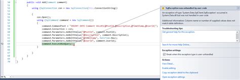 C ASP NET MVC Insert Statement Into DB Error Column Name Or Number