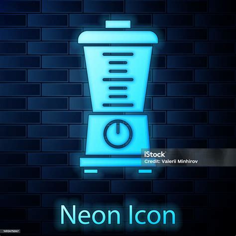 벽돌 벽 배경에 격리 빛나는 네온 블렌더 아이콘 그릇 주방 전기 고정 믹서기 스무디 칵테일 또는 주스 요리 벡터 가정 생활에 대한 스톡 벡터 아트 및 기타 이미지 Istock