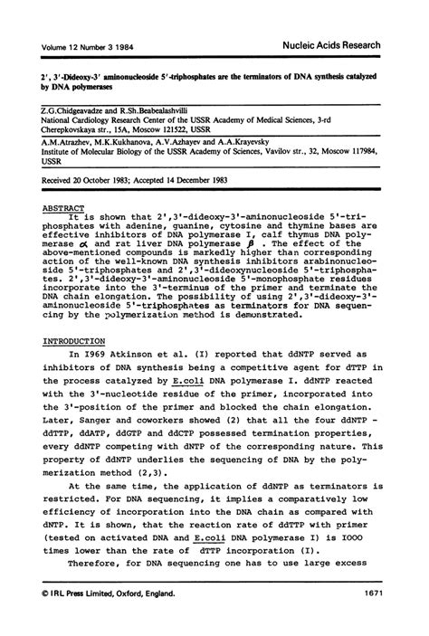 2 3 Dideoxy 3 Aminonucleoside 5 Triphosphates Are The Terminators Of Dna Synthesis Catalyzed