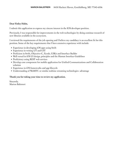 IOS Developer Cover Letter Velvet Jobs