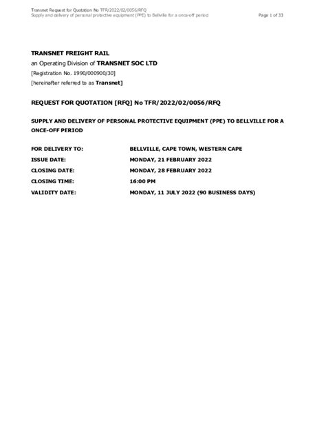 Fillable Online Transnet Request For Quotation No Tfr2022020056rfq