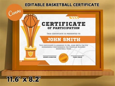 Basketball Awards Editable Certificate Canva Template Team Party