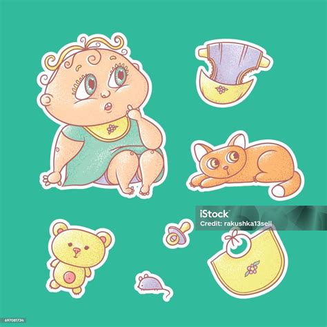 놀란된 아이 고양이의 컬러 일러스트 스티커의 벡터 집합입니다 위생 상품 베이비 케어 및 장난감입니다 밝은 옷에 빨간 고양이 큰 눈과 통 통한 곱슬 의아해 아이 남자 아기에