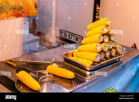 Grilled Roasted Sweet Corn Ready To Sell At A Street Food Festival