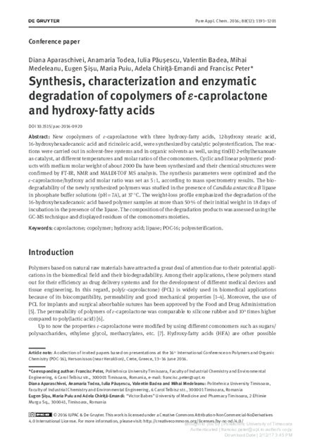 Pdf Synthesis Characterization And Enzymatic Degradation Of Copolymers Of ε Caprolactone And