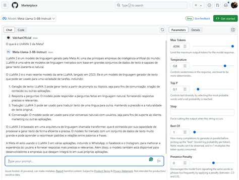 Github Models Utilizando O Playground Do Modelo Meta Llama B Instruct
