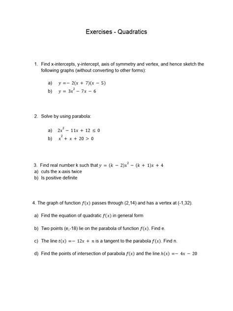 Exercises Quadratic Functions And Optimisation Pdf