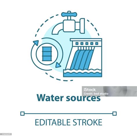 수원 개념 아이콘입니다 마시는 물 용품 아이디어 얇은 라인 일러스트 아쿠아 자원의 합리적인 사용 및 관리 벡터 절연 윤곽선 도면 편집 가능한 스트로크 0명에 대한 스톡 벡터