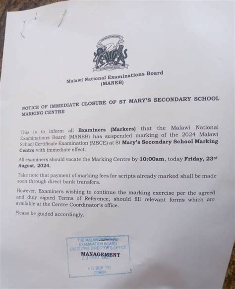 Maneb Suspends Marking Of Msce Exams At St Marys Secondary School Face Of Malawi