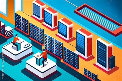 Data Center Web Concept In Isometric Design Man Working As Administrator In Server Room With