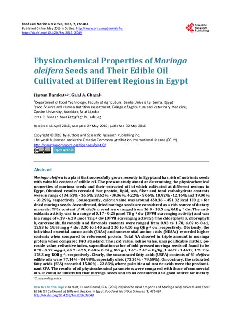 Pdf Physicochemical Properties Of Moringa Oleifera Seeds And Their Edible Oil Cultivated At