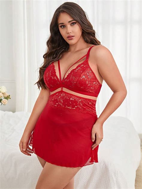 Classic Sexy Plus Contrast Lace Mesh Slips Shein Usa