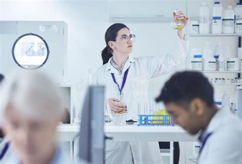 Woman Science Or Chemical In Beaker For Investigation Solution Or
