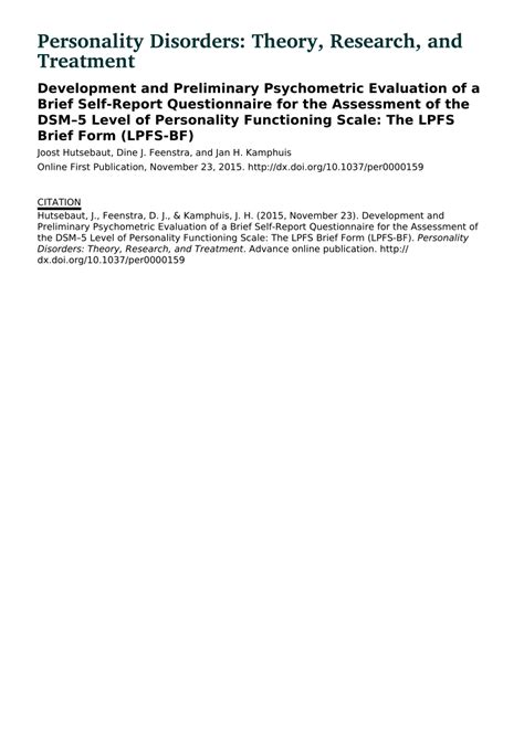 Pdf Development And Preliminary Psychometric Evaluation Of A Brief Self Report Questionnaire