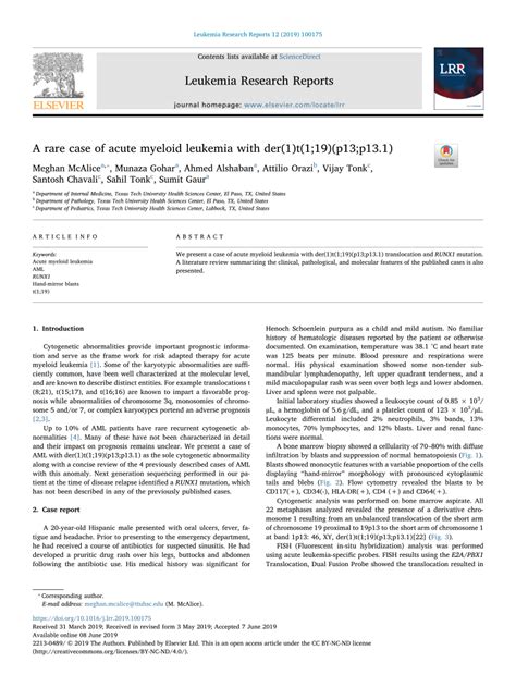 Pdf A Rare Case Of Acute Myeloid Leukemia With Der1t119p13p131