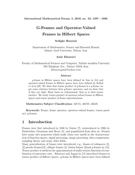 Pdf G Frames And Operator Valued Frames In Hilbert Spaces