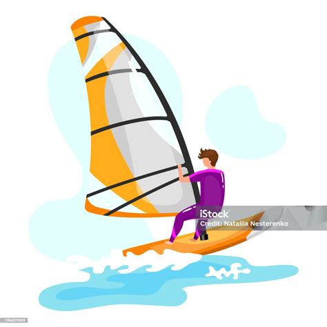 윈드 서핑 플랫 벡터 그림입니다 익스트림 스포츠 경험 여름 야외 재미있는 활동 바다 청록색 파도에 서핑 흰색 배경에 스포츠맨 고립 만화 캐릭터 가공의 인물에 대한 스톡 벡터