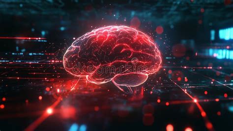 A Glowing Brain Illuminated By Red Light Amidst A Digital Landscape Filled With Interconnected