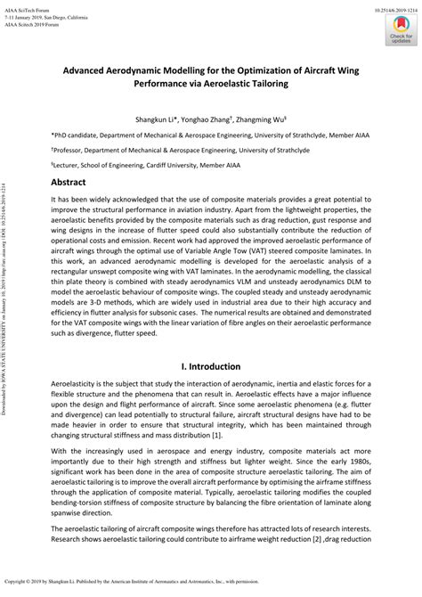 Pdf Optimization Of Aircraft Wing Performance Via Aeroelastic Tailoring The Non Linear Vat