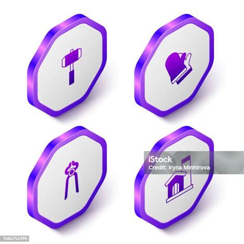 아이소메트릭 슬레지해머 보호 장갑 대장장이 펜치 도구 및 대장간 작업장 내부 아이콘을 설정합니다 보라색 육각형 버튼 벡터 3차원 형태에 대한 스톡 벡터 아트 및 기타 이미지