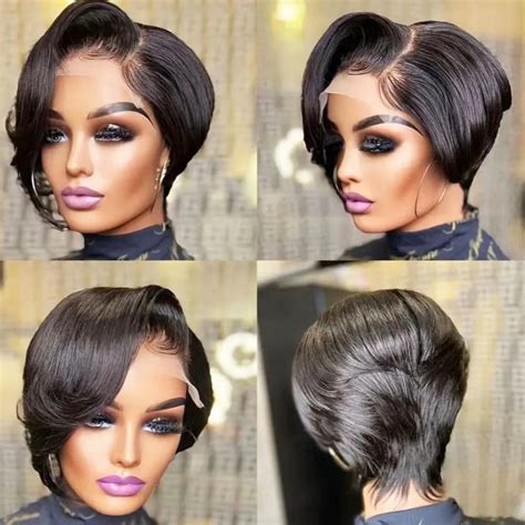 Straight Brazilian Human Hair Pixie Cut Wigs For Black Women With Bangs