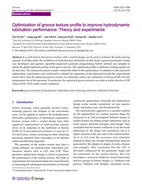 Pdf Optimization Of Groove Texture Profile To Improve Hydrodynamic Lubrication Performance