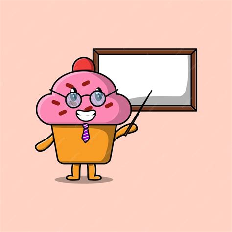플랫 만화 스타일 개념의 화이트보드로 가르치는 귀여운 만화 컵케이크 교사 캐릭터 프리미엄 벡터