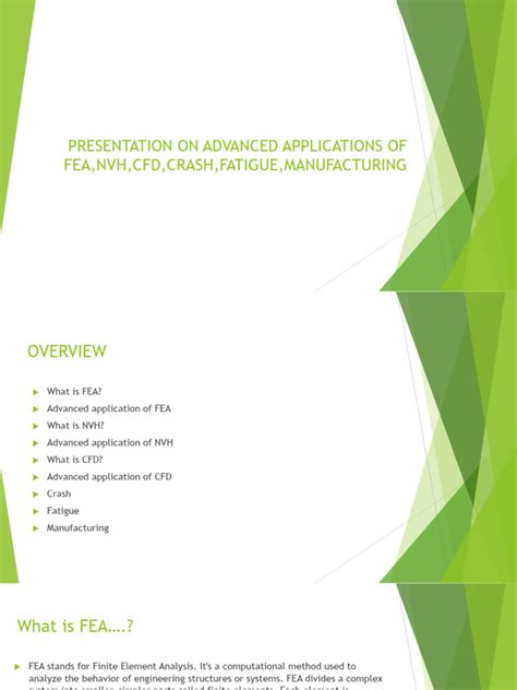 Presentation On Advanced Applications Of Fea Nvh Cfd Crash Fatigue Manufacturing Pdf