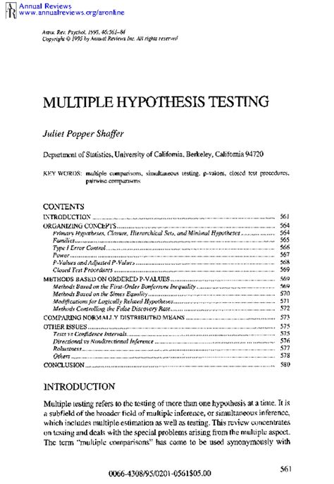 Shaffer 1995 Multiple Hypothesis Testing Ann~rev Psychol 46561