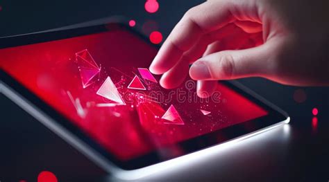 Hand Interacting With Futuristic Red Digital Interface On Tablet Stock Image Image Of
