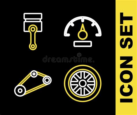 Set Line Speedometer Car Wheel Timing Belt Kit And Engine Piston Icon Vector Stock Vector
