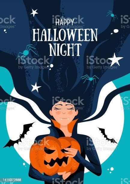 할로윈을위한 홀리데이 파티 인사말 카드 귀여운 뱀파이어 소녀 악마 호박 달 거미 및 박쥐 카드 포스터 전단지 배너 및 기타를위한 벡터 템플릿 사탕주면 안 잡아먹지에 대한