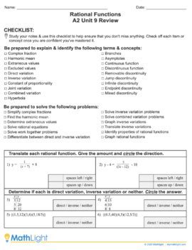 Rational Functions Algebra 2 Unit With Videos Notes Activity