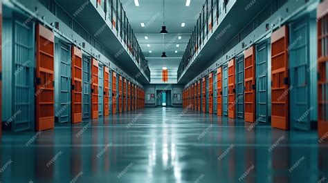 Interior View Of A Modern Prison Cell Block With Open Metal Cell Doors