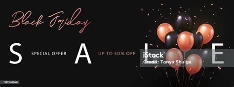 블랙 프라이데이 세일 롱 수평 배너 또는 휴일 레터링과 로즈 골드와 검은 색 헬륨 풍선 전단지 디자인 3차원 형태에 대한 스톡