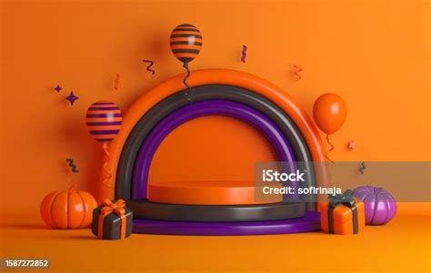 해피 할로윈 서클 디스플레이 연단 장식 배경 호박 선물 상자 풍선 제품 디스플레이 모형 3d 렌더링 그림 10월에 대한 스톡