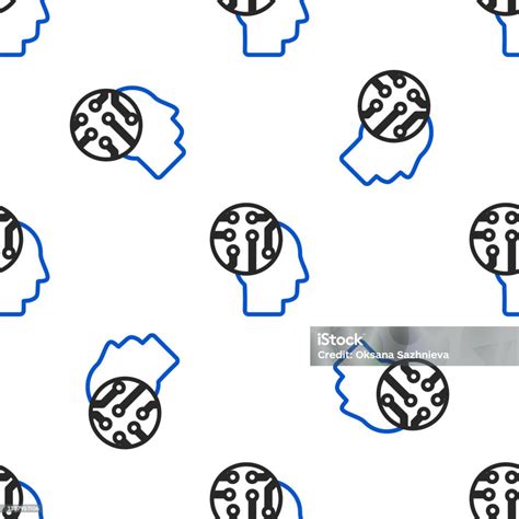 디지털 회로 기판 아이콘으로 라인 인간의 두뇌 는 흰색 배경에 원활한 패턴을 고립 내부에 회로 선이있는 인간의 머리 윤곽선 다채로운 개요 개념 벡터 가상현실에 대한 스톡