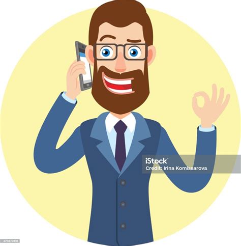 힙스터 사업가 휴대 전화에 이야기하고 괜찮은 손 기호를 보여주는 기업 재무와 산업에 대한 스톡 벡터 아트 및 기타 이미지