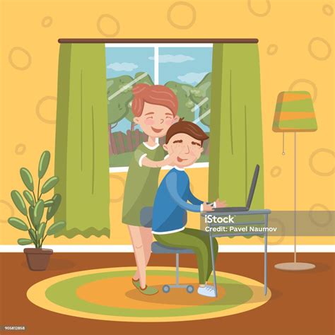 젊은 여자 하 고 그 집에서 노트북 컴퓨터를 사용 하 여 아늑한 인테리어 벡터 일러스트 레이 션 하는 동안 놀라운 남자 친구 눈을 덮고 남자에 대한 스톡 벡터 아트 및 기타