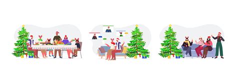 행복한 새해와 메리 크리스마스 겨울 휴일을 축하하는 산타 모자에 세트 믹스 경주 사람들 겨울에 대한 스톡 벡터 아트 및 기타 이미지 겨울 아이 코로나바이러스 Istock