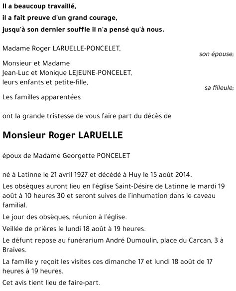 Avis De Décès De Roger Laruelle Décédé Le 15 08 2014 à Huy Annonce