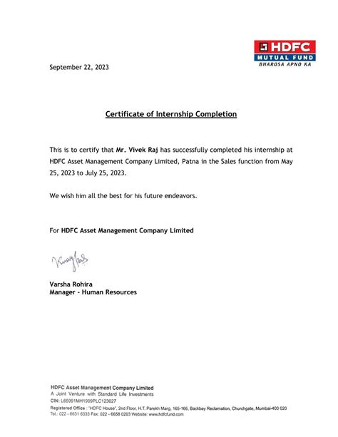 Vivek Raj On Linkedin Hdfc Amc Internship Certificate Hdfc Amc Hdfc