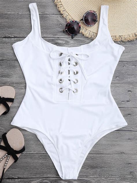 64 Off Solid Color Lace Up One Piece Swimwear Rosegal