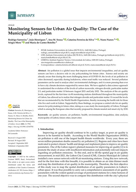 Pdf Monitoring Sensors For Urban Air Quality The Case Of The Municipality Of Lisbon