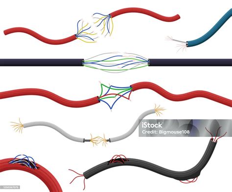 사실적인 상세한 3d 손상된 전기 케이블 세트 벡터 케이블에 대한 스톡 벡터 아트 및 기타 이미지 케이블 단열재 손상 Istock